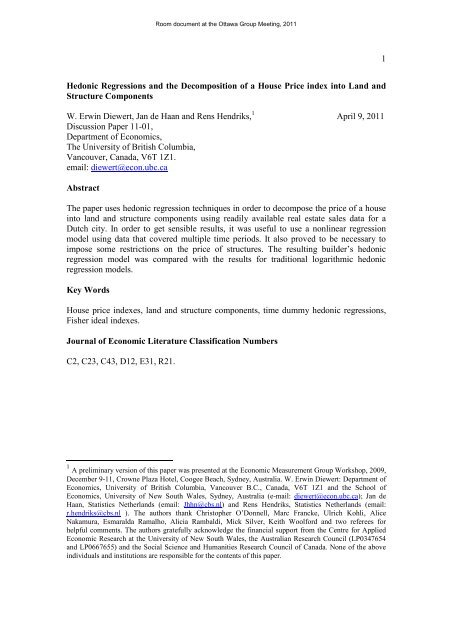 W. Erwin Diewert, Jan de Haan and Rens Hendriks, Hedonic ...