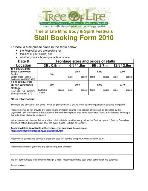 Stall Booking Form 2010 - Tree of Life