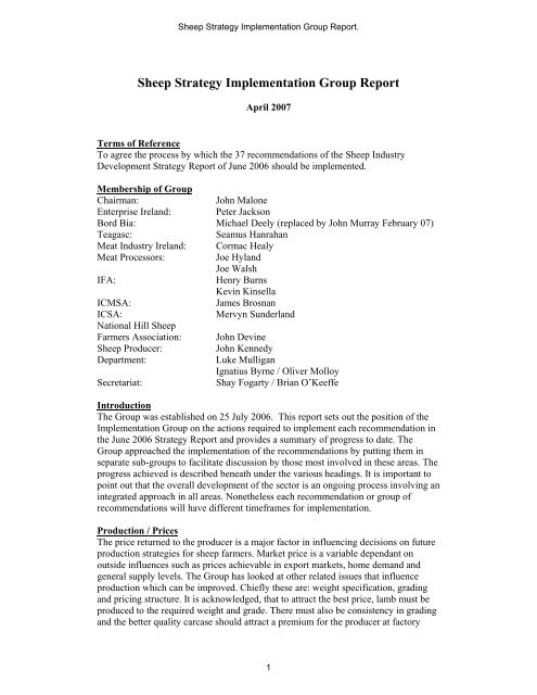 Sheep Strategy Implementation Group Report - Sheep Ireland