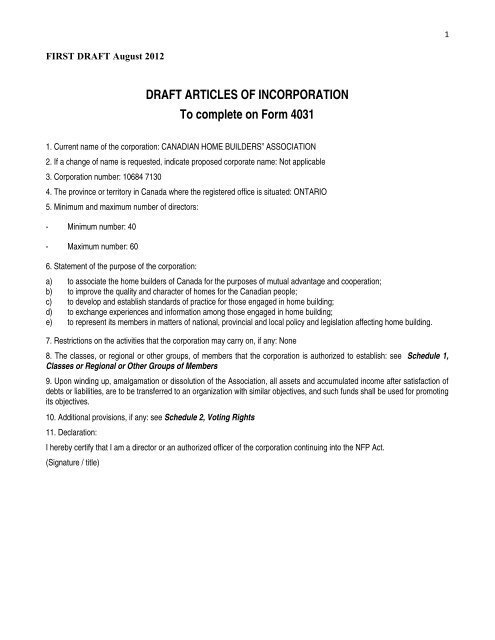 Draft Articles of Incorporation - Canadian Home Builders' Association