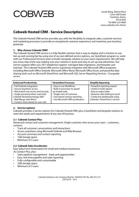 Cobweb Hosted CRM - Service Description - Cobweb Solutions