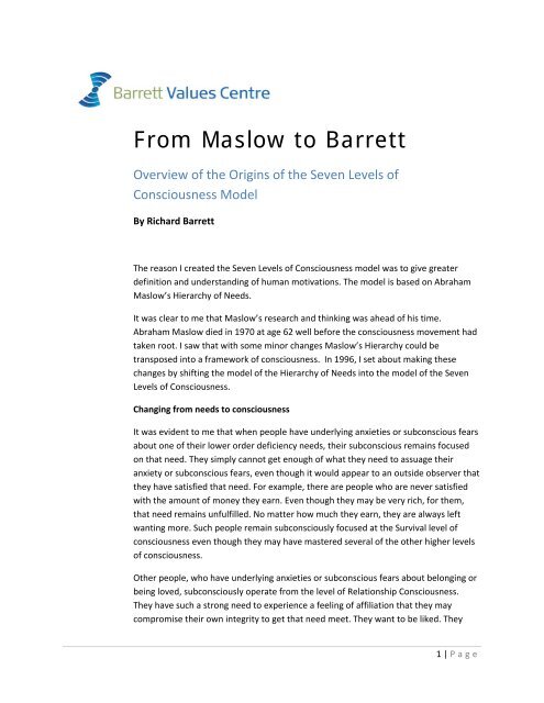 From Maslow to Barrett (PDF) - Barrett Values Centre