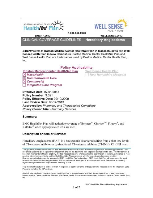 Hereditary Angioedema - BMC HealthNet Plan
