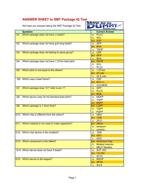 ANSWER SHEET to SMT Package IQ Test