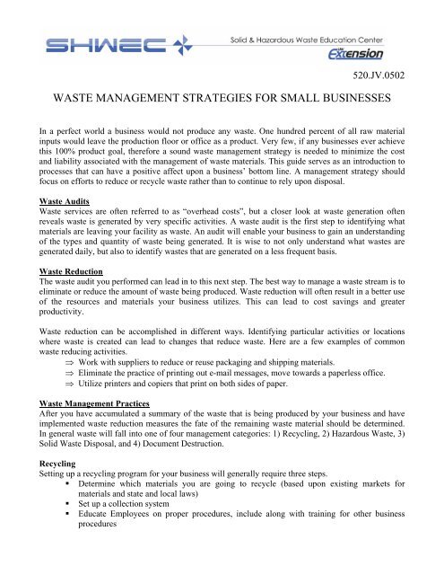 SMALL BUSINESS WASTE MANAGEMENT GUIDE - UW-Milwaukee