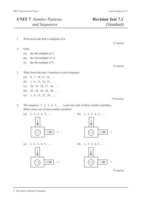 UNIT 7 Number Patterns Revision Test 7.1 and Sequences (Standard)