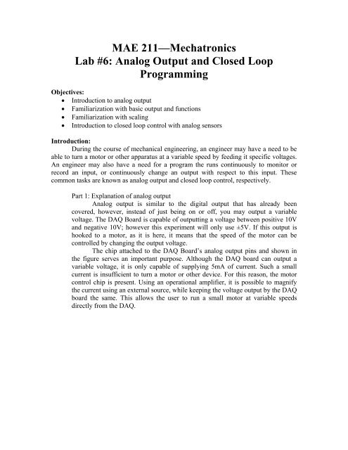 MAE 211â Mechatronics Lab #6: Analog Output and Closed Loop ...