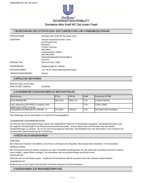 SICHERHEITSDATENBLATT Domestos Aktiv Kraft WC Gel ocean ... SICHERHEITSDATENBLATT Domestos Aktiv Kraft WC Gel ocean ...