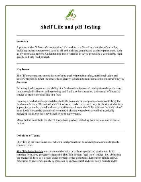 Shelf Life and pH Testing - ACEnet