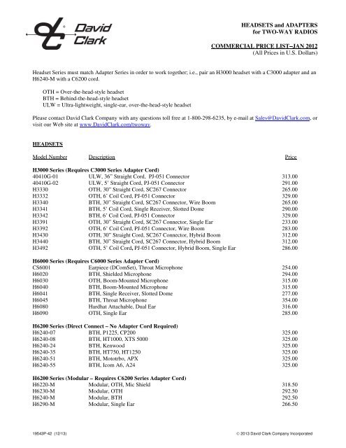 HEADSETS and ADAPTERS - David Clark Company Incorporated