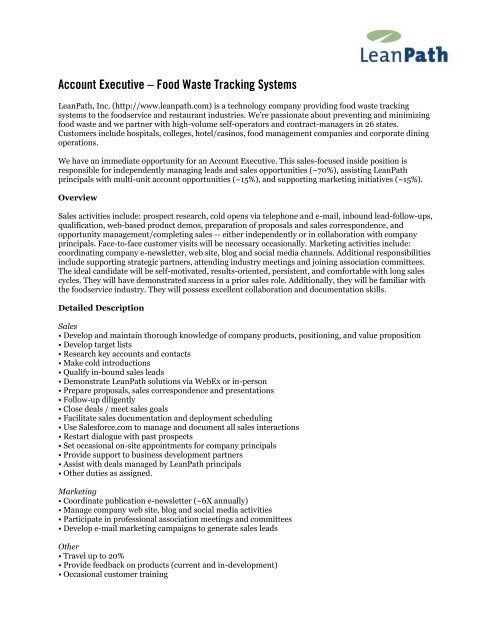 Account Executive â Food Waste Tracking Systems - LeanPath