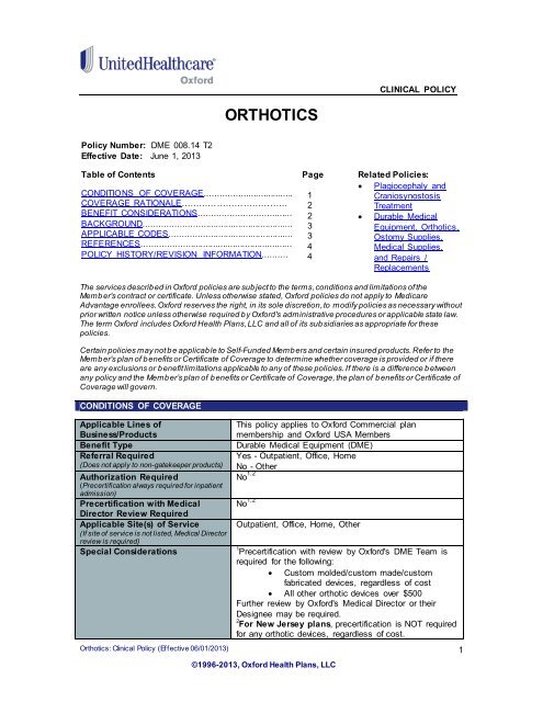 ORTHOTICS - Oxford Health Plans