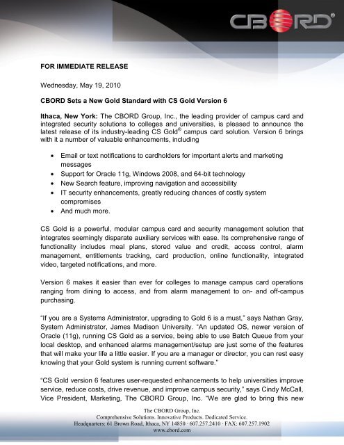 CBORD Sets a New Gold Standard with CS Gold Version 6