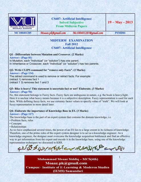 CS607 - Artificial Intelligence Solved Subjective from Midterm ... - vuZs