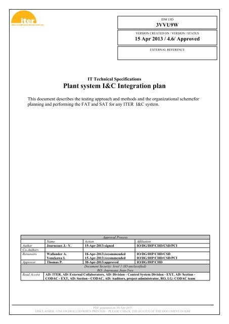 Plant system I&C Integration plan - Iter