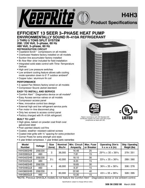 EFFICIENT 13 SEER 3-PHASE HEAT PUMP Product Specifications