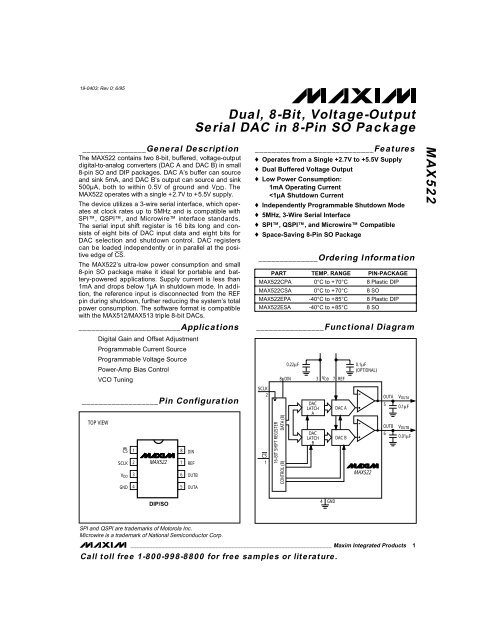 MAX522 Dual, 8-Bit, Voltage-Output Serial DAC in 8-Pin SO Package