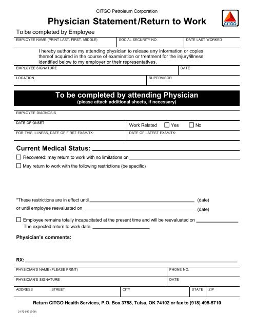 Physician Statement /Return to Work - Citgo