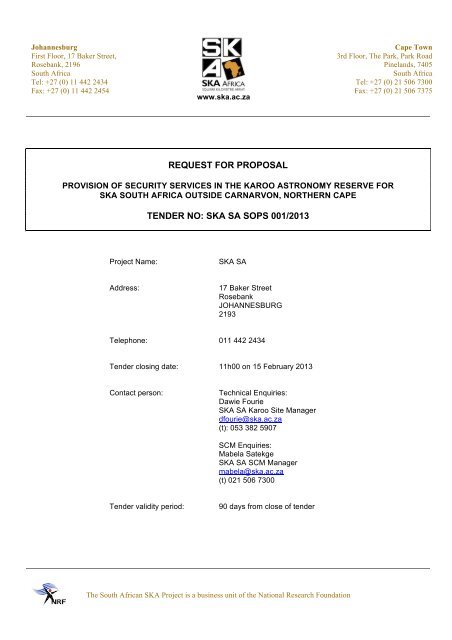REQUEST FOR PROPOSAL TENDER NO: SKA SA SOPS 001/2013