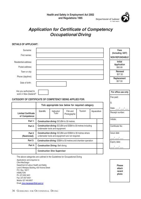Application for Certificate of Competency Occupational Diving
