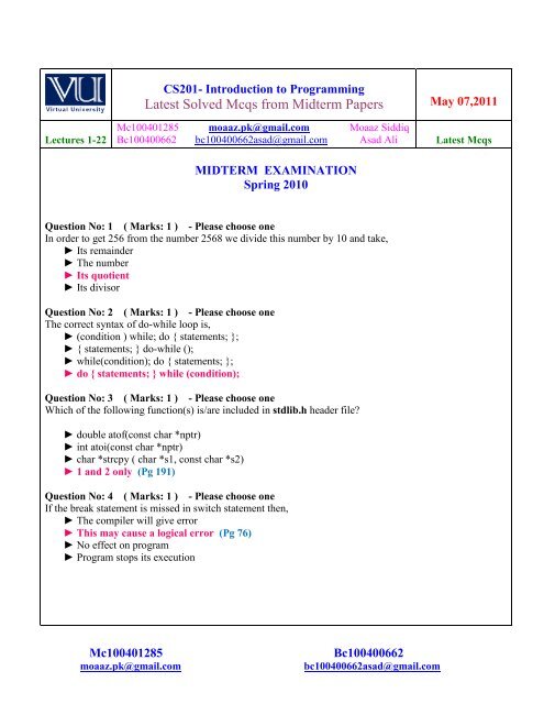 CS201-Introduction to Programming-Midterm-Solved-Papers - vuZs CS201-Introduction to Programming-Midterm-Solved-Papers - vuZs