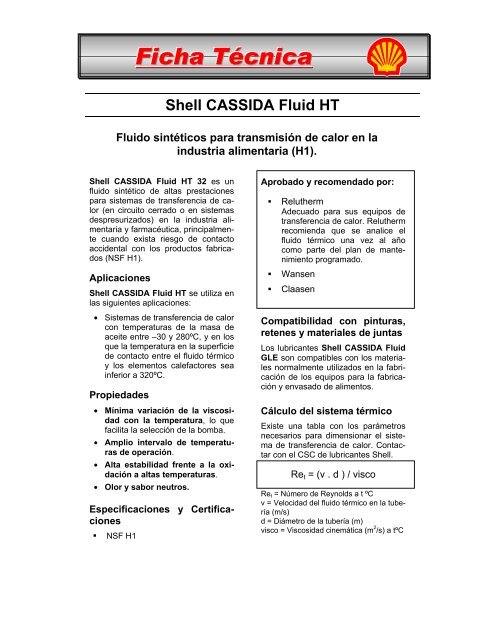 Ficha Técnica Shell CASSIDA Fluid HT - Lubritec