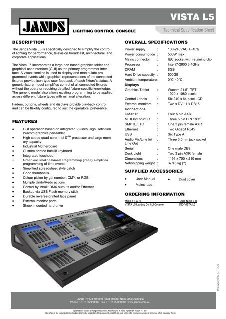 Vista L5 Technical Specification Sheet - Jands