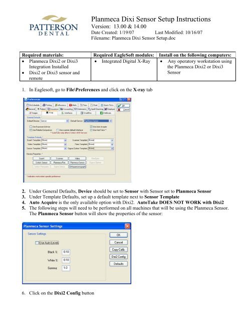 Planmeca Dixi Sensor Setup Instructions - v13