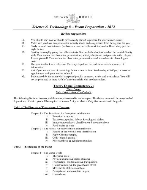 Science & Technology 8 – Exam Preparation - 2012