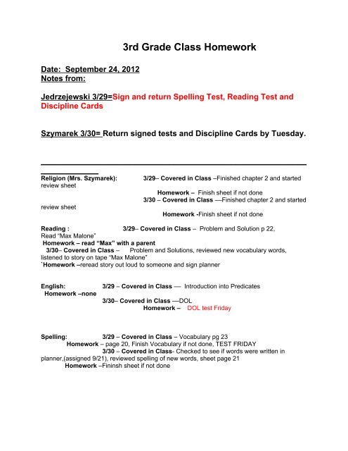 3rd Grade Class Homework - Holy Cross School