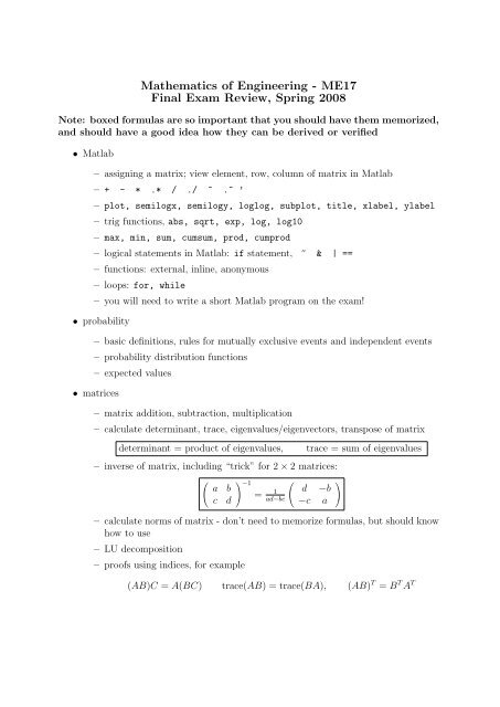 Mathematics of Engineering - ME17 Final Exam Review, Spring 2008