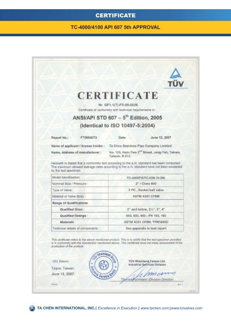 CERTIFICATE - Ta Chen International, Inc.
