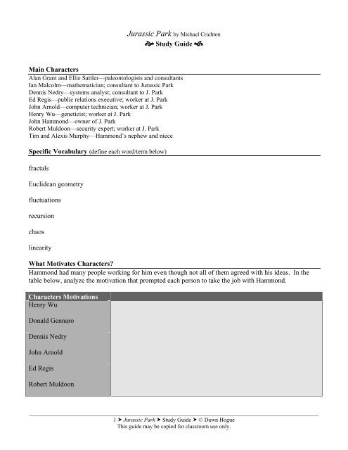 Jurassic Park Study Guide
