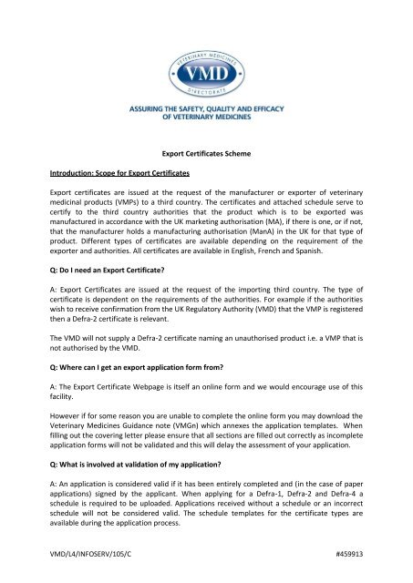 Export Certificates FAQs - Veterinary Medicines Directorate - Defra