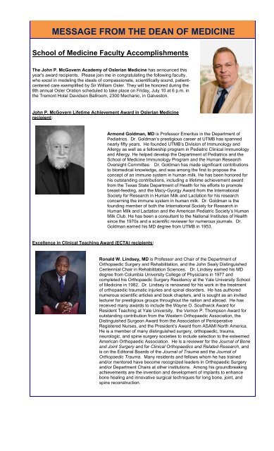 MESSAGE FROM THE DEAN OF MEDICINE - School of Medicine