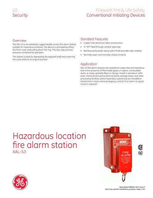 Data Sheet FX85001-0371 -- Hazardous location Fire Alarm Station