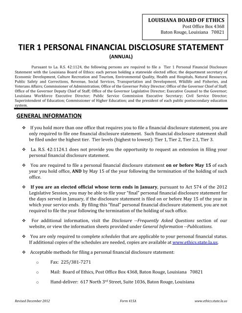 tier 1 personal financial disclosure statement - Louisiana Ethics ...