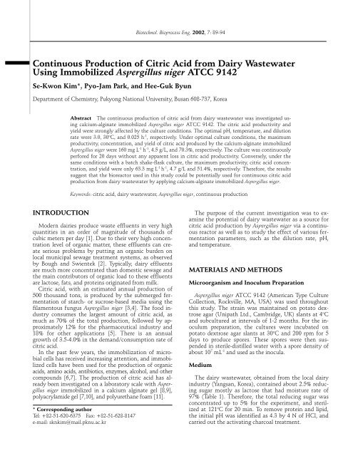 Continuous Production of Citric Acid from Dairy Wastewater Using ... Continuous Production of Citric Acid from Dairy Wastewater Using ...