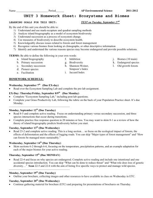 UNIT 3 Homework Sheet: Ecosystems and Biomes