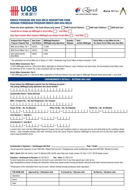 Mas & Asia Miles Form - United Overseas Bank Malaysia