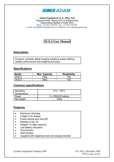 OCS-2 User Manual - Adam Equipment