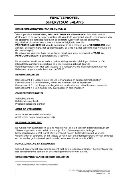 Voorstel van functieprofiel supervisor Balans - Vormingsleergang ...