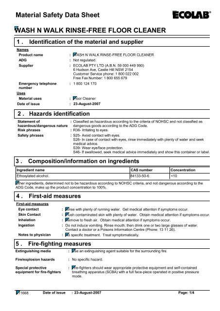 MSDS - Wash N Walk Rinse-Free Floor Cleaner 2012 - Melbourne ...