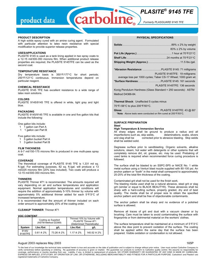 PLASITE 9145 TFE - Carboline