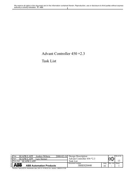 Advant Controller 450 â 2.3 Task List - ABB SolutionsBank