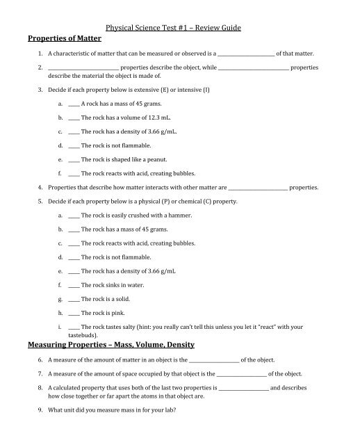 Physical Science Test #1 â Review Guide Properties of Matter ...
