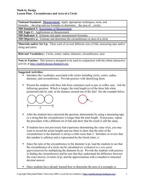 Circumference and Area of a Circle - Math by Design - Thinkport