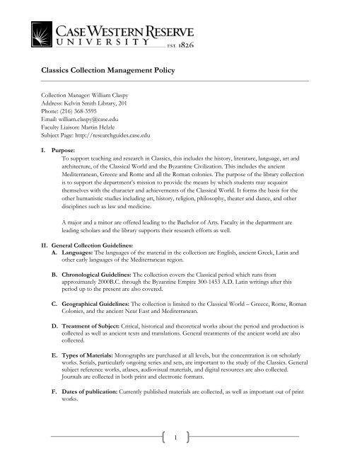 Classics Collection Management Policy - Kelvin Smith Library