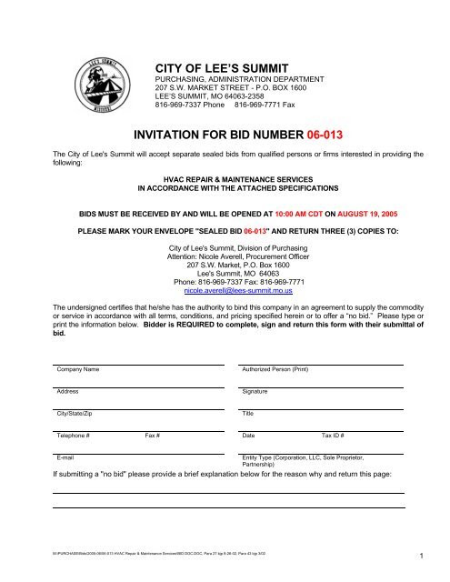 CITY OF LEE'S SUMMIT INVITATION FOR BID NUMBER 06-013