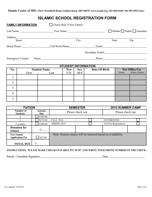 weekend islamic school registration form - Islamic Center of Maryland